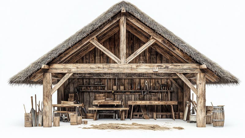 Rustic Outdoor Carpentry Workshop with Tools and Benches Stock ...