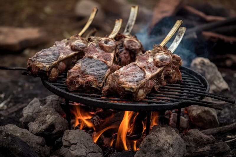 Rustic Outdoor Cooking - Lamb Chops on Campfire Coals Stock ...