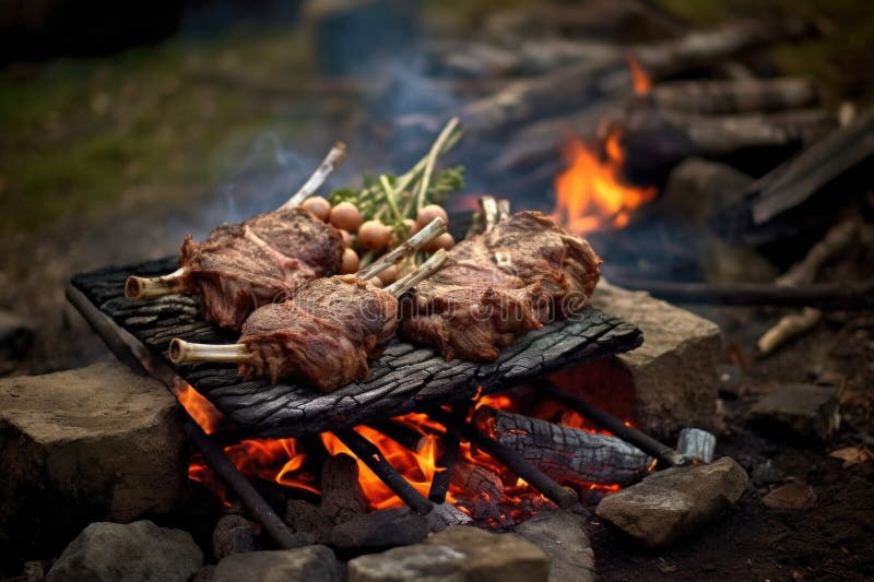 Rustic Outdoor Cooking - Lamb Chops on Campfire Coals Stock Photo ...