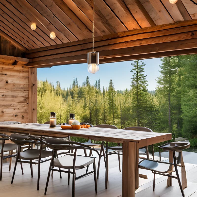 A Rustic Outdoor Dining Area with a Large Wooden Table and String ...