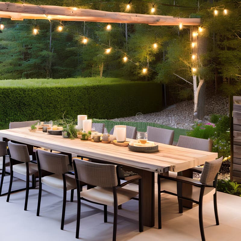 A Rustic Outdoor Dining Area with a Large Wooden Table and String ...