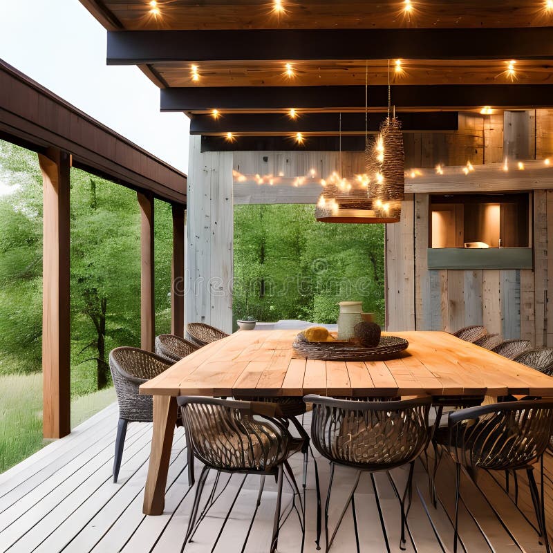 A Rustic Outdoor Dining Area with a Large Wooden Table and String ...
