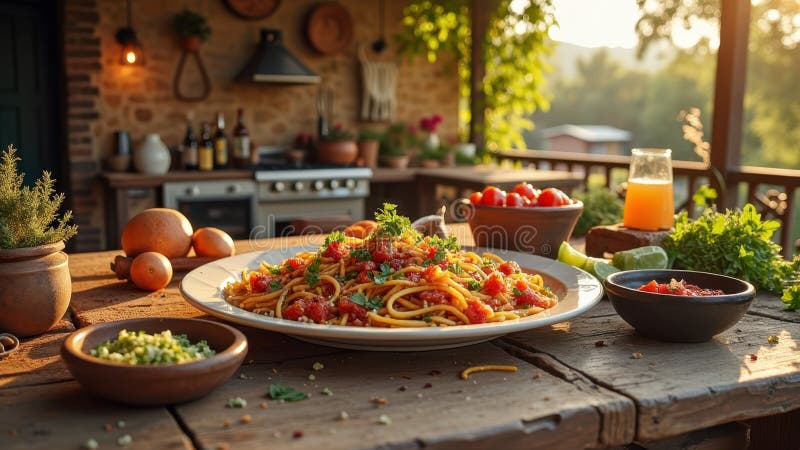 Rustic Outdoor Dining with Fresh Pasta and Vegetables on Wooden Table ...