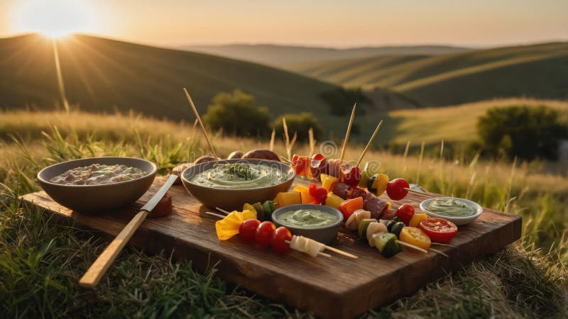Sunset Picnic: Delicious Appetizers on Wooden Board with Stunning View ...