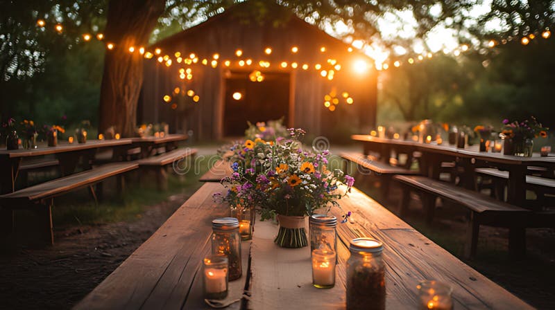 A Rustic Outdoor Dining Setting with Wooden Tables and Benches, Lit by ...