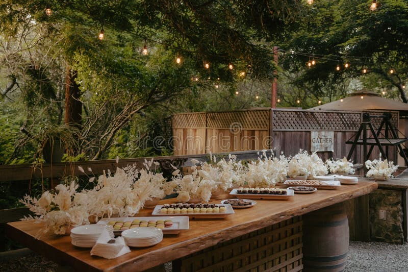 Rustic Outdoor Dining Setup with String Lights, Wooden Table, and ...