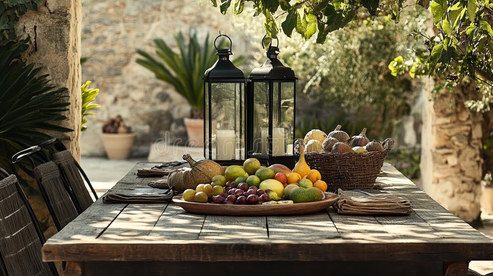 A Rustic Outdoor Dining Table with Lanterns and a Fresh Fruit Platter ...