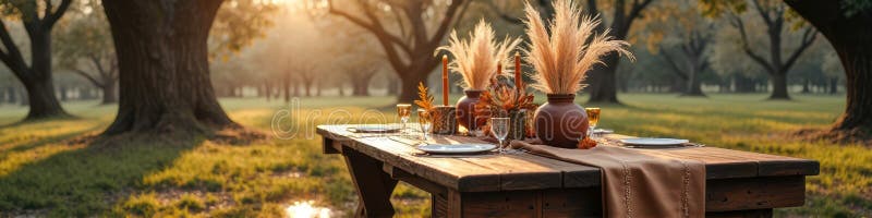 Rustic Outdoor Dining Table Set for Autumn Dinner in Park at Sunset ...