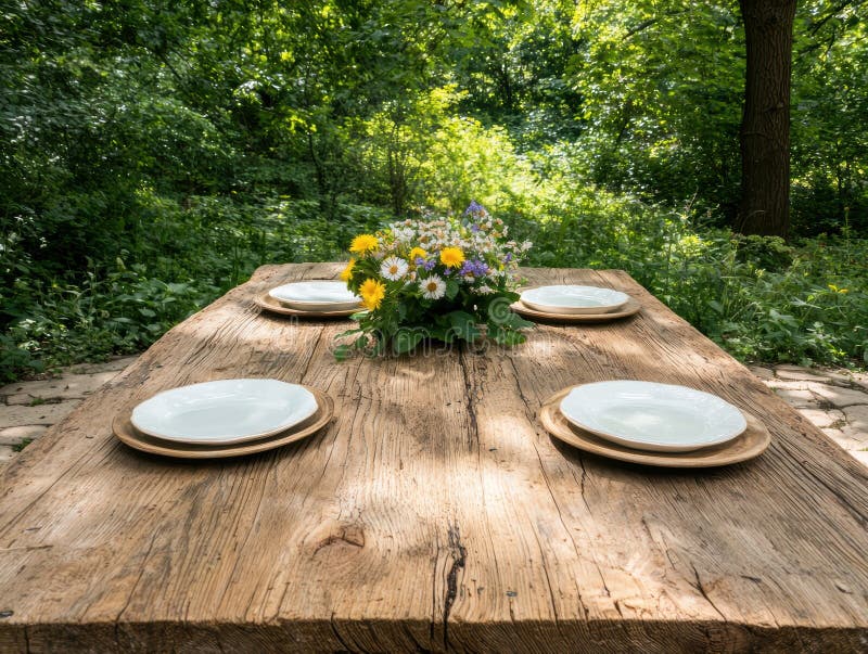Rustic Outdoor Dining Table Setting in Lush Forest Stock Illustration ...