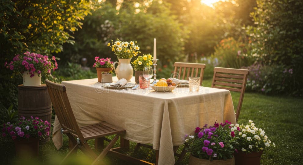 Rustic Outdoor Dining Table Setting at Sunset Stock Illustration ...