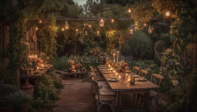Rustic Outdoor Dinner Party with Comfortable Chairs and Lantern ...