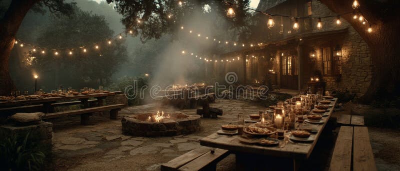 Rustic Outdoor Dinner Party at Night with Fire Pit Stock Illustration ...