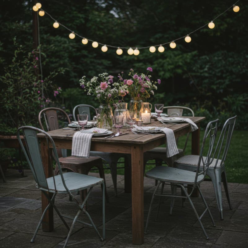 Rustic Outdoor Dinner Party with String Lights and Flowers Stock ...