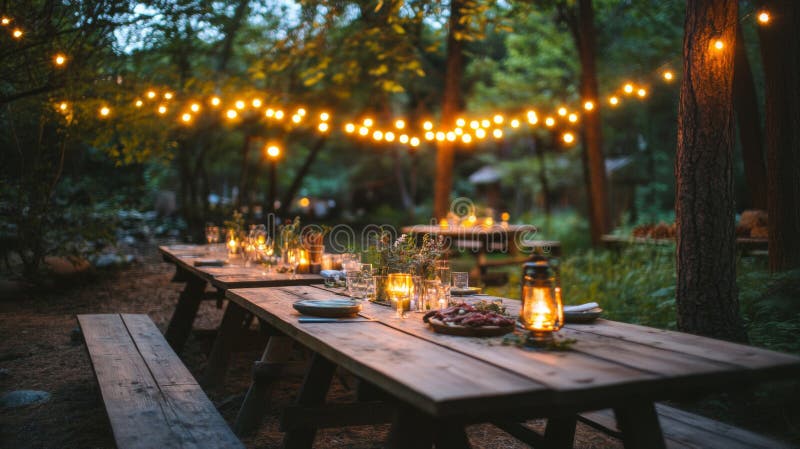 Rustic Outdoor Dinner Party with String Lights in a Forest Stock ...