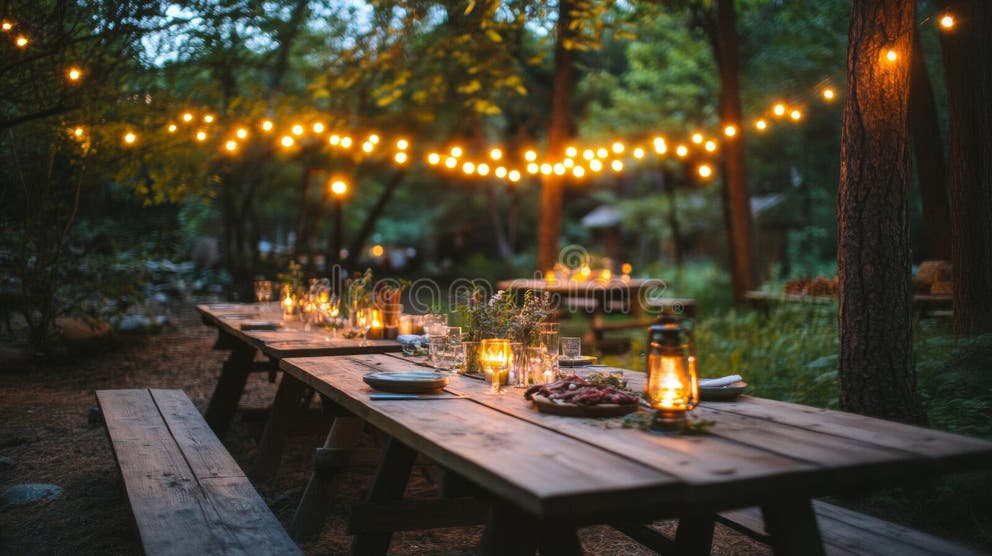 Rustic Outdoor Dinner Party with String Lights in a Forest Stock ...