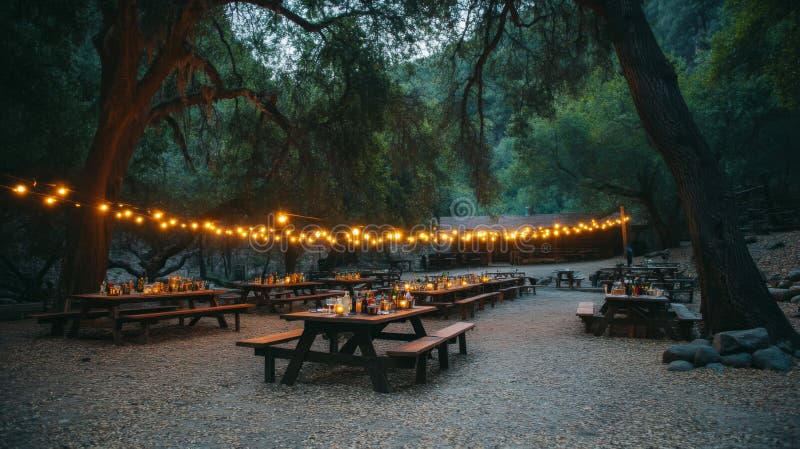 Rustic Outdoor Dinner Party Under the Trees at Night Stock Illustration ...
