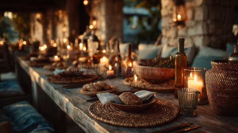Rustic Outdoor Dinner Table Setting with Candlelight Stock Illustration - Illustration of ...