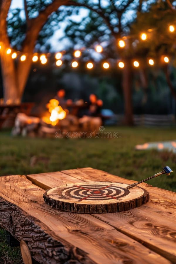 Rustic Outdoor Evening with Darts and Campfire in a Cozy Garden Setting ...