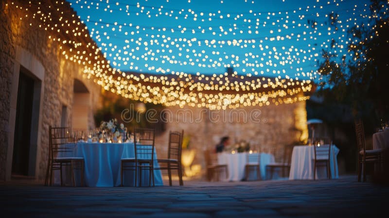 Rustic Outdoor Evening Wedding Reception Venue at Twilight, Featuring ...