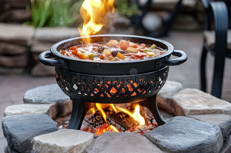 A Rustic Outdoor Fire Pit with a Pot of Stew Simmering Over an Open ...