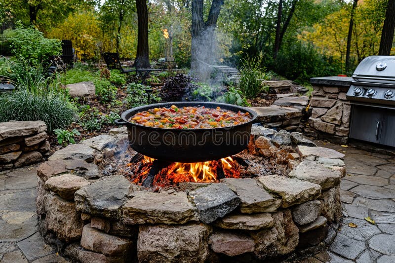 A Rustic Outdoor Fire Pit with a Pot of Stew Simmering Over an Open ...