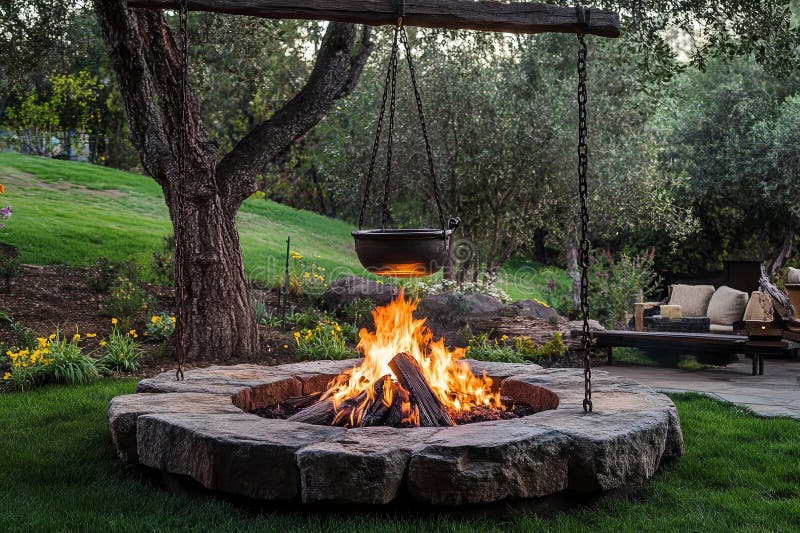 A Rustic Outdoor Fire Pit with a Single Pot Hanging Over the Flames ...