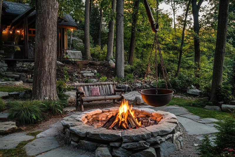 A Rustic Outdoor Fire Pit with a Single Pot Hanging Over the Flames ...