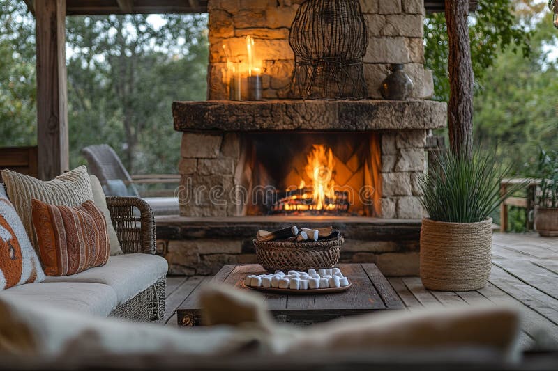 A Rustic Outdoor Fireplace with Marshmallows Roasting on Sticks Stock ...