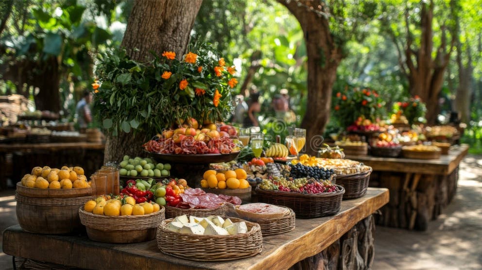 Rustic Outdoor Fruit and Cheese Buffet Display Stock Illustration ...