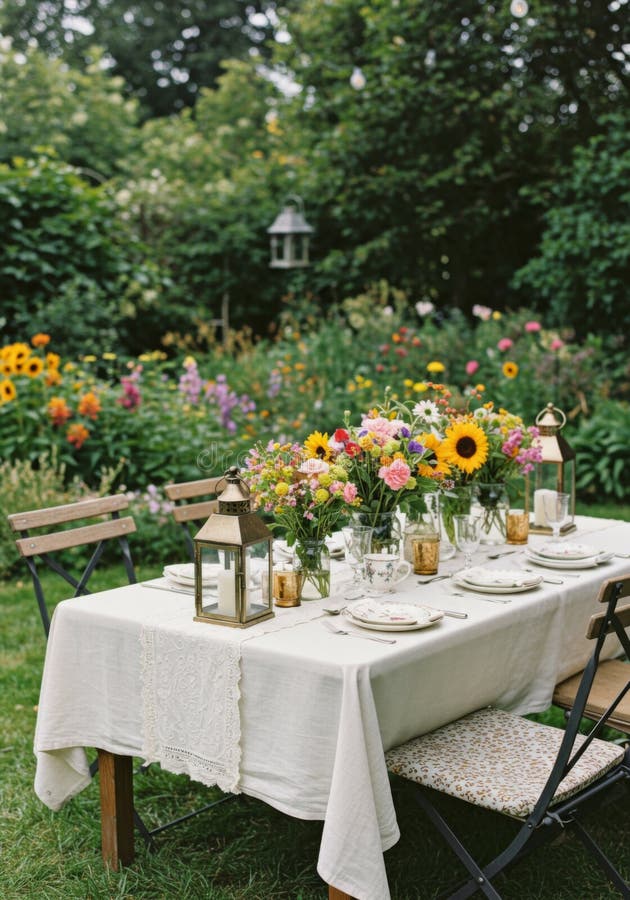 Rustic Outdoor Garden Dinner Party Setting with Colorful Flowers Stock ...