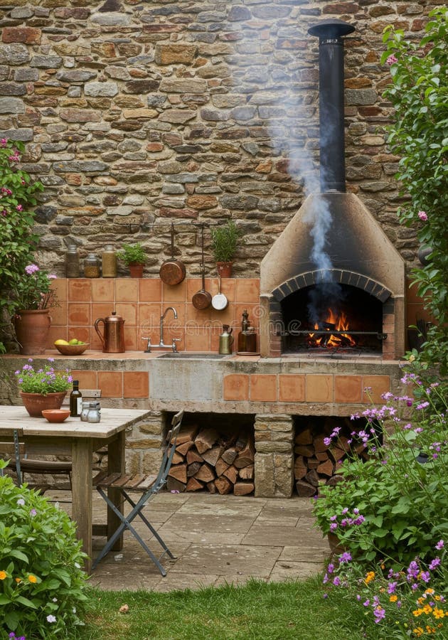 Rustic Outdoor Kitchen with Brick Oven and Stone Wall Stock Photo ...