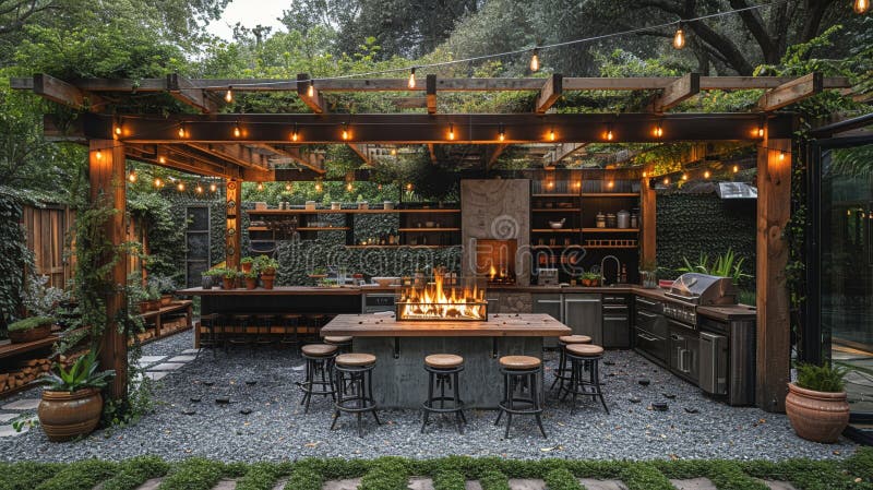 Rustic Outdoor Kitchen and Dining Area with a Fire Pit and String ...