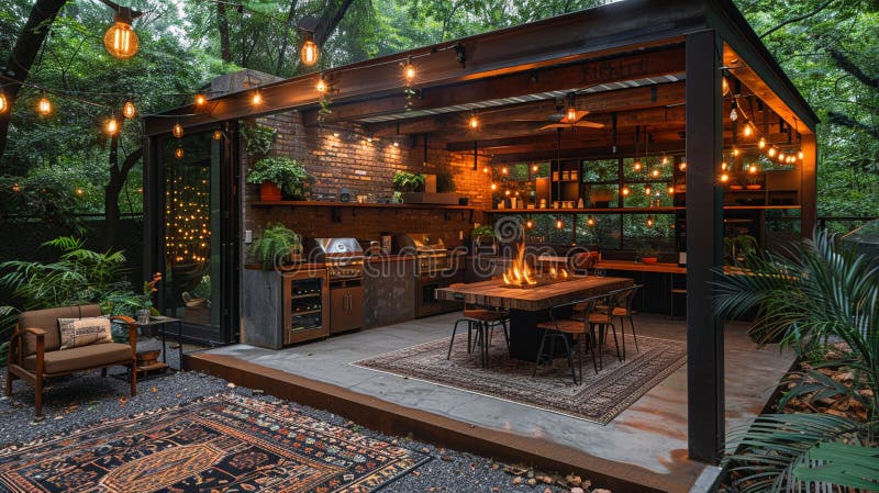 Rustic Outdoor Kitchen and Dining Area with a Fire Pit and String ...