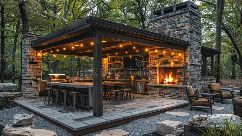 Rustic Outdoor Kitchen and Dining Area with a Fire Pit and String ...