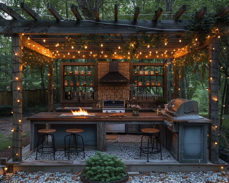 Rustic Outdoor Kitchen and Dining Area with a Fire Pit and String ...