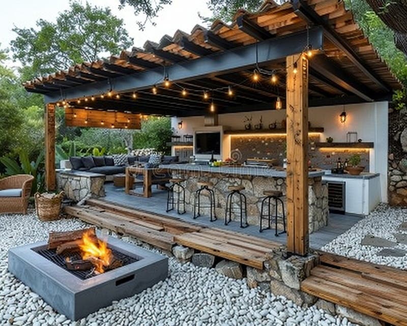 Rustic Outdoor Kitchen and Dining Area with a Fire Pit and String ...