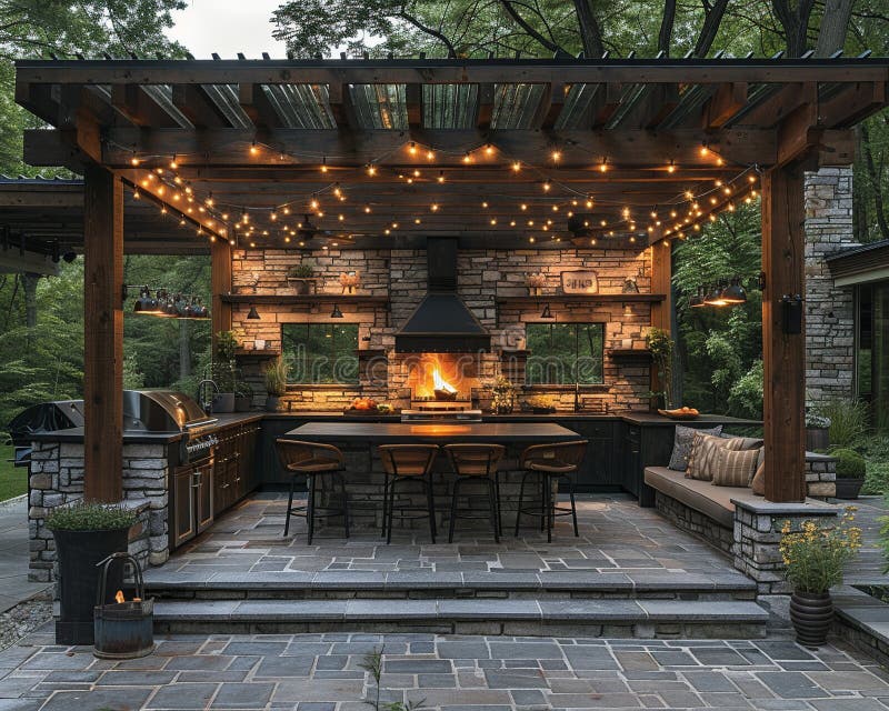 Rustic Outdoor Kitchen and Dining Area with a Fire Pit and String ...