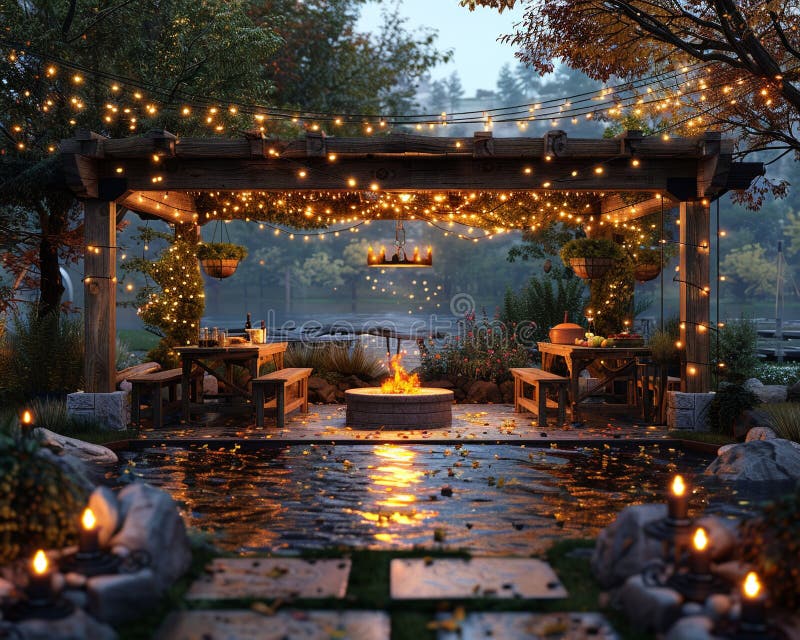 Rustic Outdoor Kitchen and Dining Area with a Fire Pit and String ...