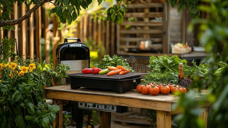 A Rustic Outdoor Kitchen Setup with a Portable Grill and Fresh Stock ...