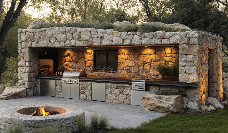 Rustic Outdoor Kitchen with Stone Oven and Barbecue Grill Setup Stock ...
