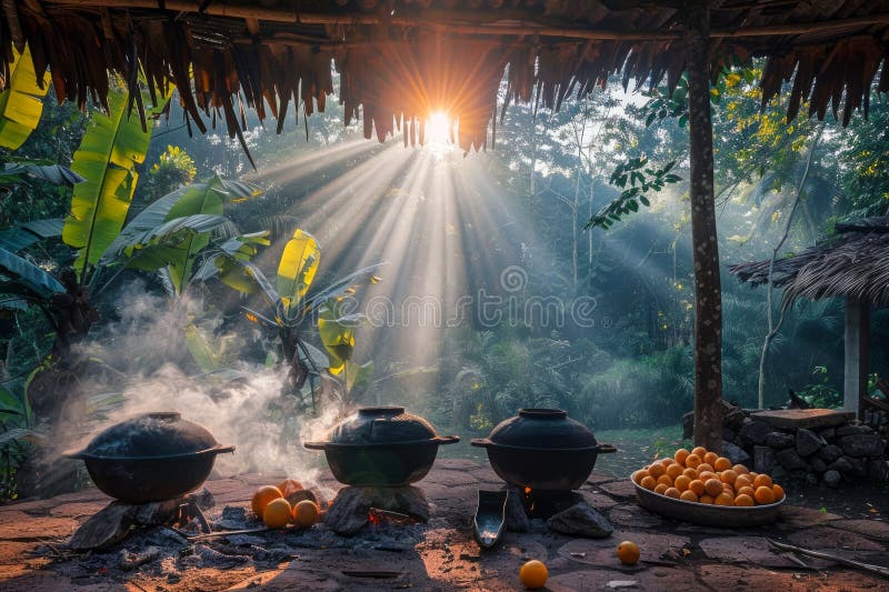 Rustic Outdoor Kitchen with Sun Rays Filtering through Trees at Sunrise ...