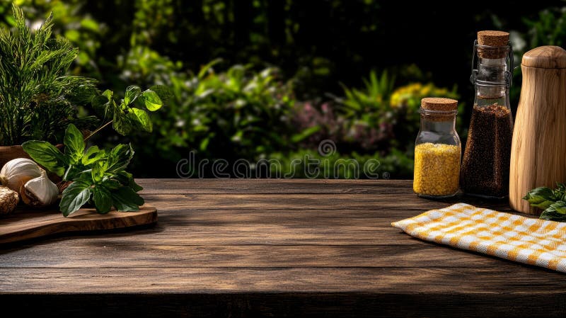 Rustic Outdoor Kitchen Table with Herbs and Ingredients for Cooking in ...