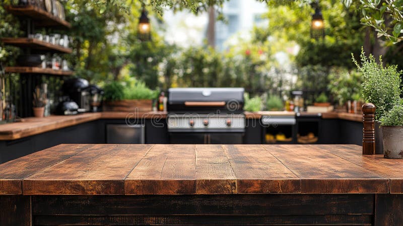 Rustic Outdoor Kitchen with Wooden Countertop and Grill in Garden ...