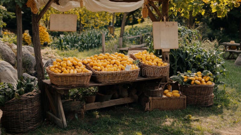 Rustic Outdoor Lemon Stand with Wicker Baskets Stock Illustration ...