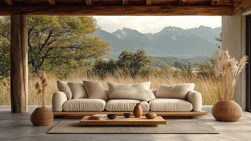 Rustic Outdoor Living Space with Mountain View Stock Illustration ...