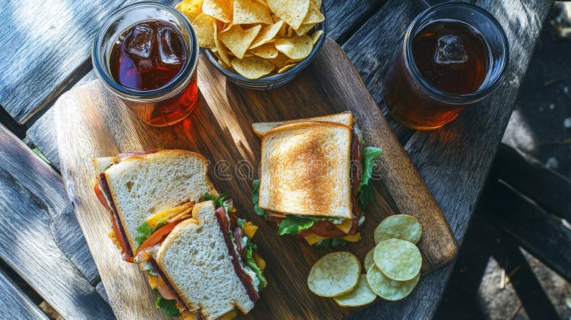 Rustic Outdoor Lunch with Sandwiches and Refreshing Drinks Stock ...