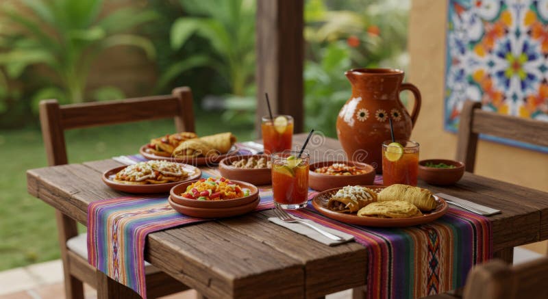 Rustic Outdoor Mexican Meal on Wooden Table Stock Illustration ...