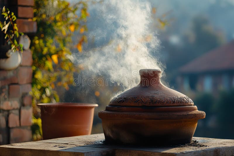 A Rustic Outdoor Oven with a Clay Pot Steaming Inside, Styled in Soft ...
