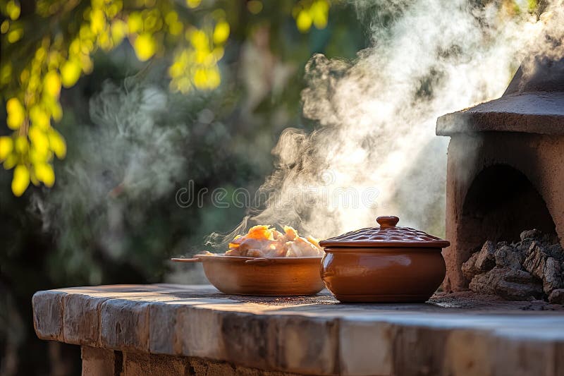 A Rustic Outdoor Oven with a Clay Pot Steaming Inside, Styled in Soft ...