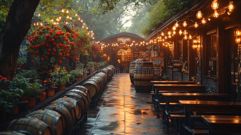 A Rustic Outdoor Patio with Wooden Tables, Barrels, and String Lights ...